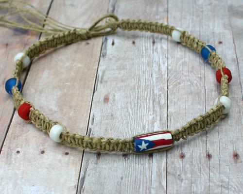 Hemp Necklace Natural with Puerto Rico Flag Beads | sunnybeachjewelry