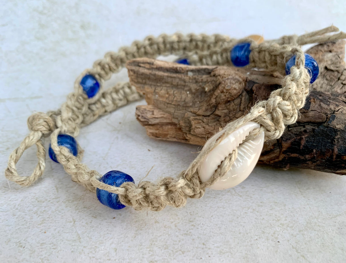 Surfer Phatty Thick Hemp Necklace With Cowrie Shell Blue Beads ...